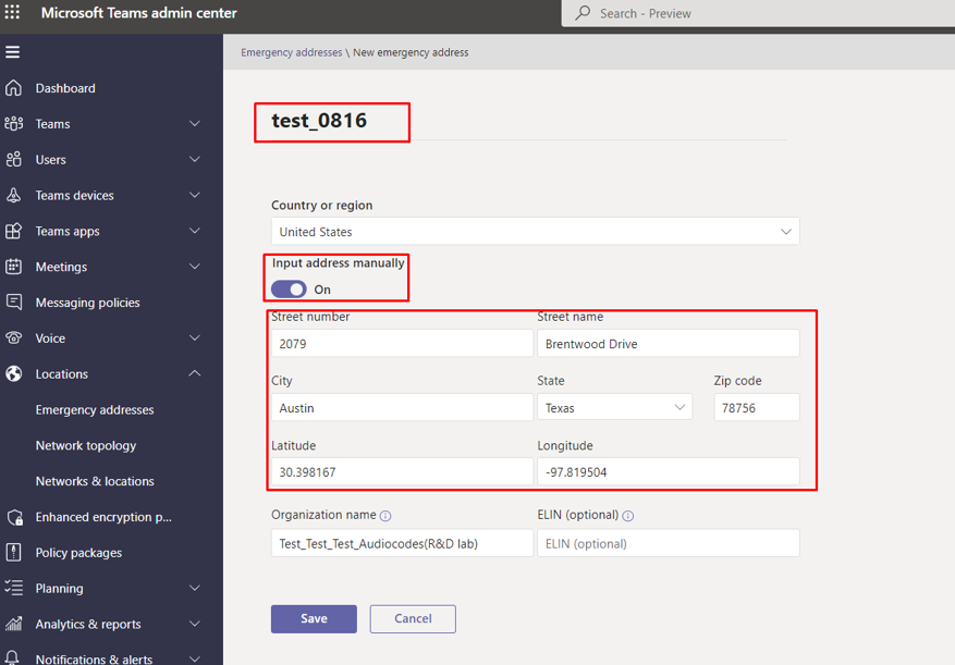 Setting up an E911 Emergency Location using TAC