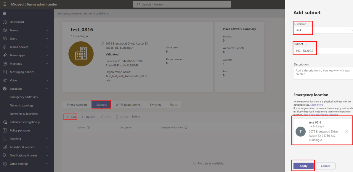 Setting up an E911 Emergency Location using TAC