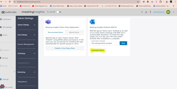 Setting up Outlook Add-In
