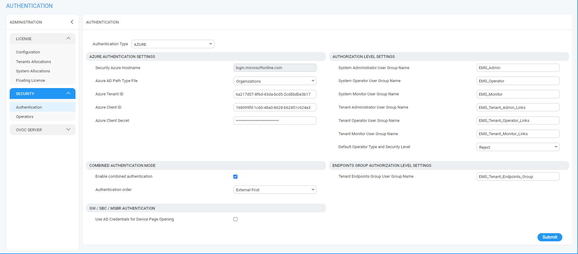 Configuring OVOC Web Azure Settings - Multitenant Setup
