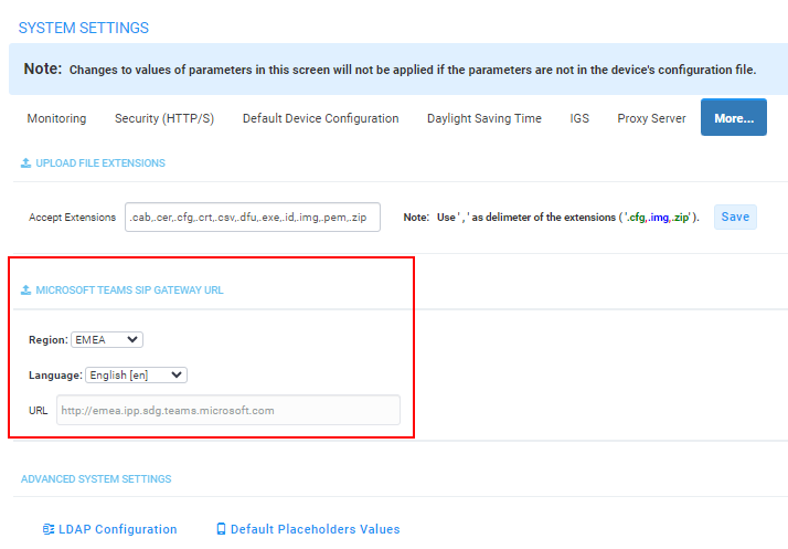 Configuring Microsoft Teams SIP Gateway URL