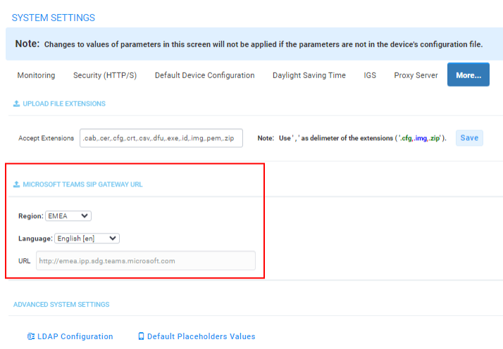 Configuring Microsoft SIP Gateway URL